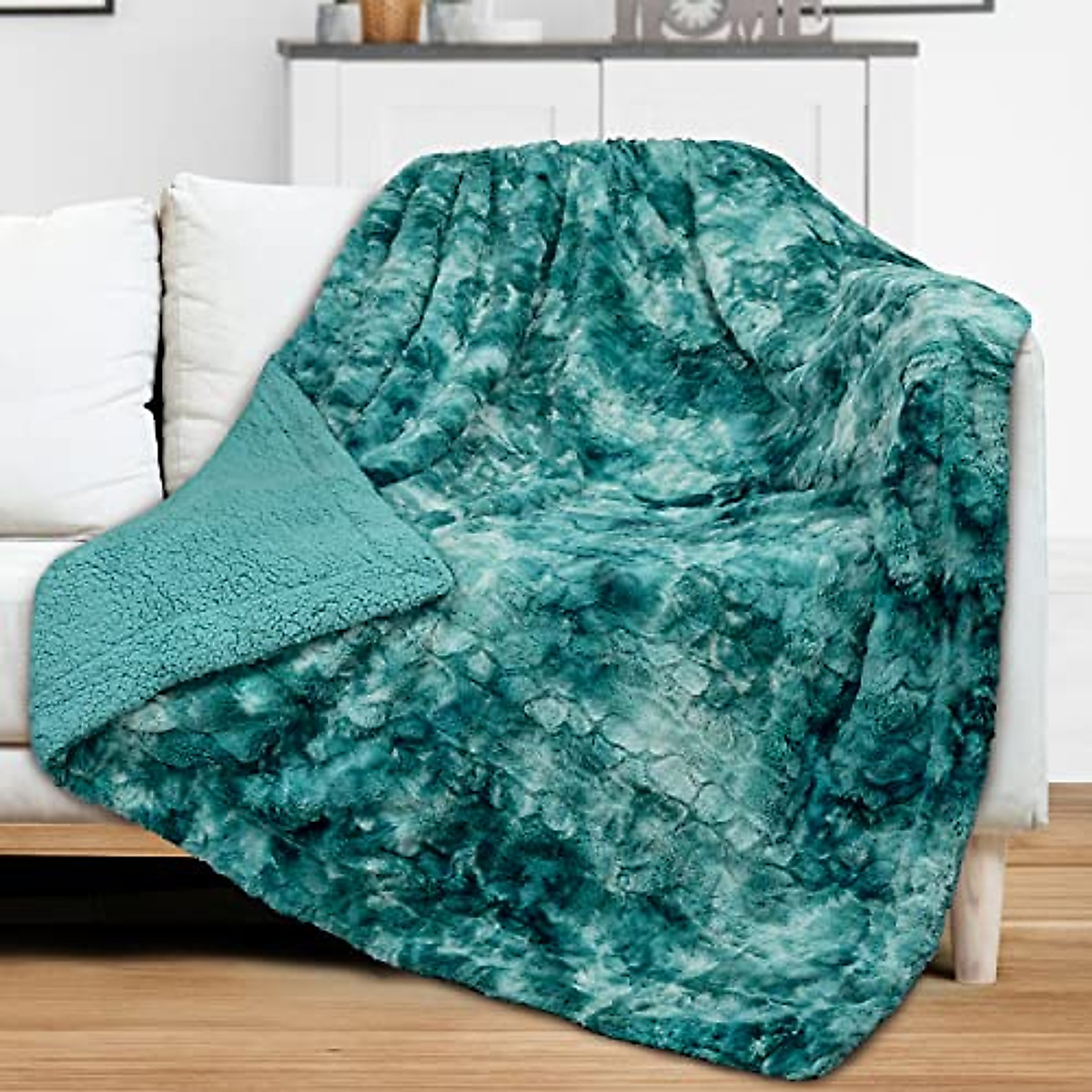 PAVILIA Soft Fuzzy Faux Fur Throw Blanket, Teal Green, Fluffy Furry Warm Sherpa Blanket Fleece Throw for Bed, Sofa, Couch, Decorative Shag Plush Comfy Thick Throw Blanket, 50x60 Inches