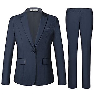 Kelyaa Women's 2 Piece Suit Notched Lapel One Button Slim Fit Business Office Work Tuxedo Blazer Pants Set Navy Blue