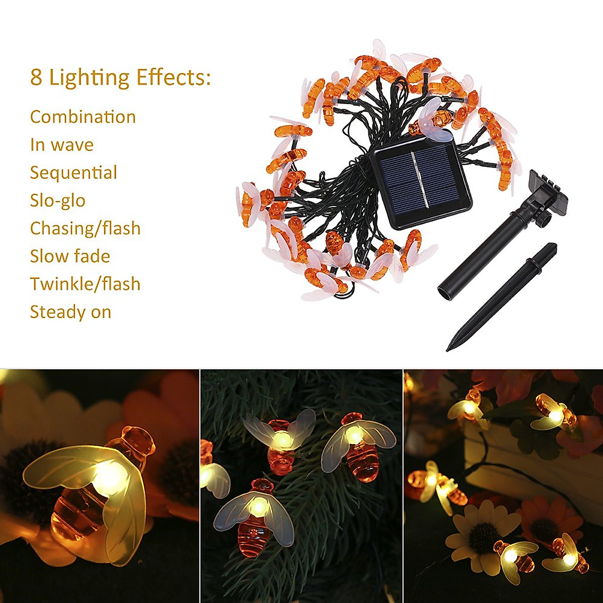 Tomshine Upgraded Solar String Lights Outdoor Waterproof 50 LED Solar Bee Fairy Lights 22.6ft 8 Lighting Modes with Control & Sensitive Light Sensor for Garden, Patio, Yard, Lawn (Warm White)