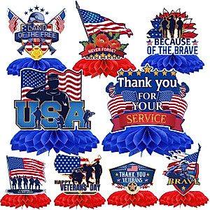 Gameza Veterans Day Party Decorations - 9PCS Veterans Day Decorations Thank You Veterans Honeycomb Centerpieces Table Decor Happy Veterans Day Patriotic Decorations Memorial Day Theme Party Supplies