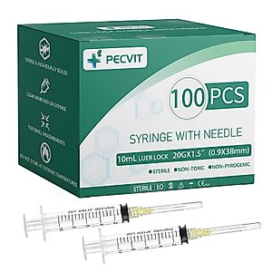 100Pcs 10ml Syringe with 20Ga 1.5 inch for Scientific Labs,Liquids Refilling and Measuring,Individually Wrapped.