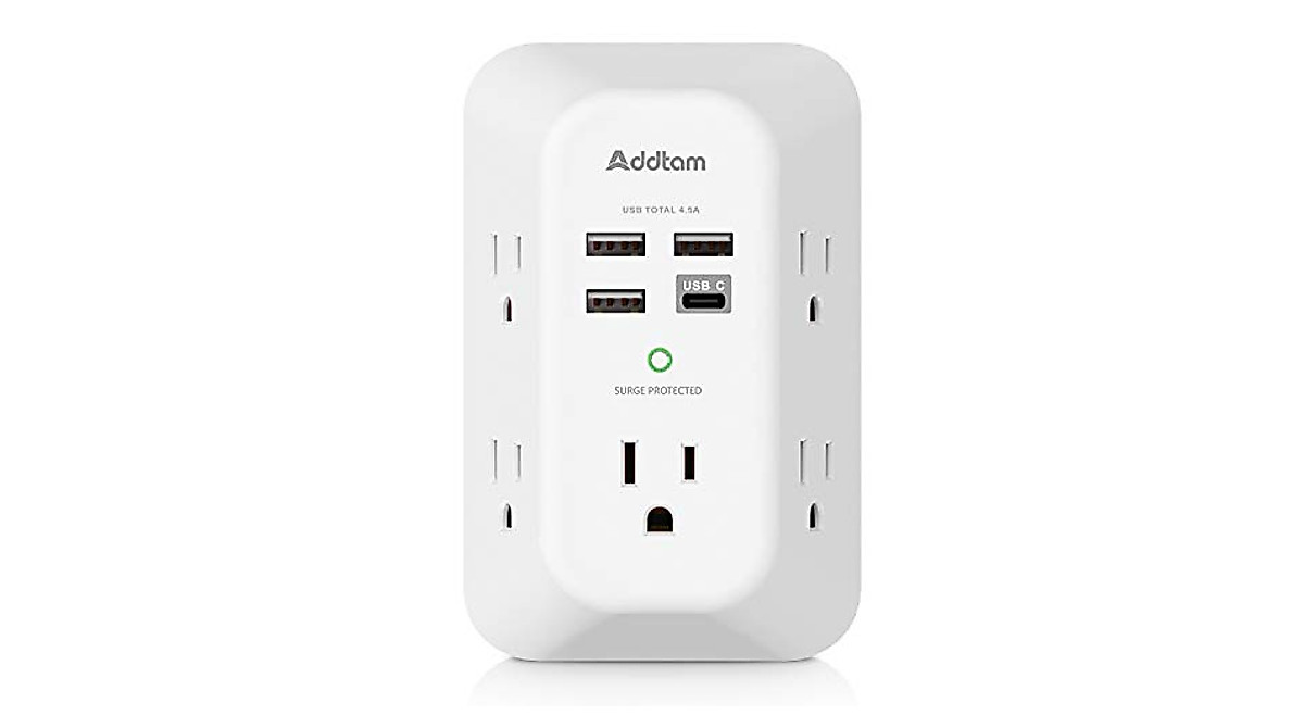 Addtam USB Wall Charger Surge Protector - 5 Outlets & 4 USB Ports