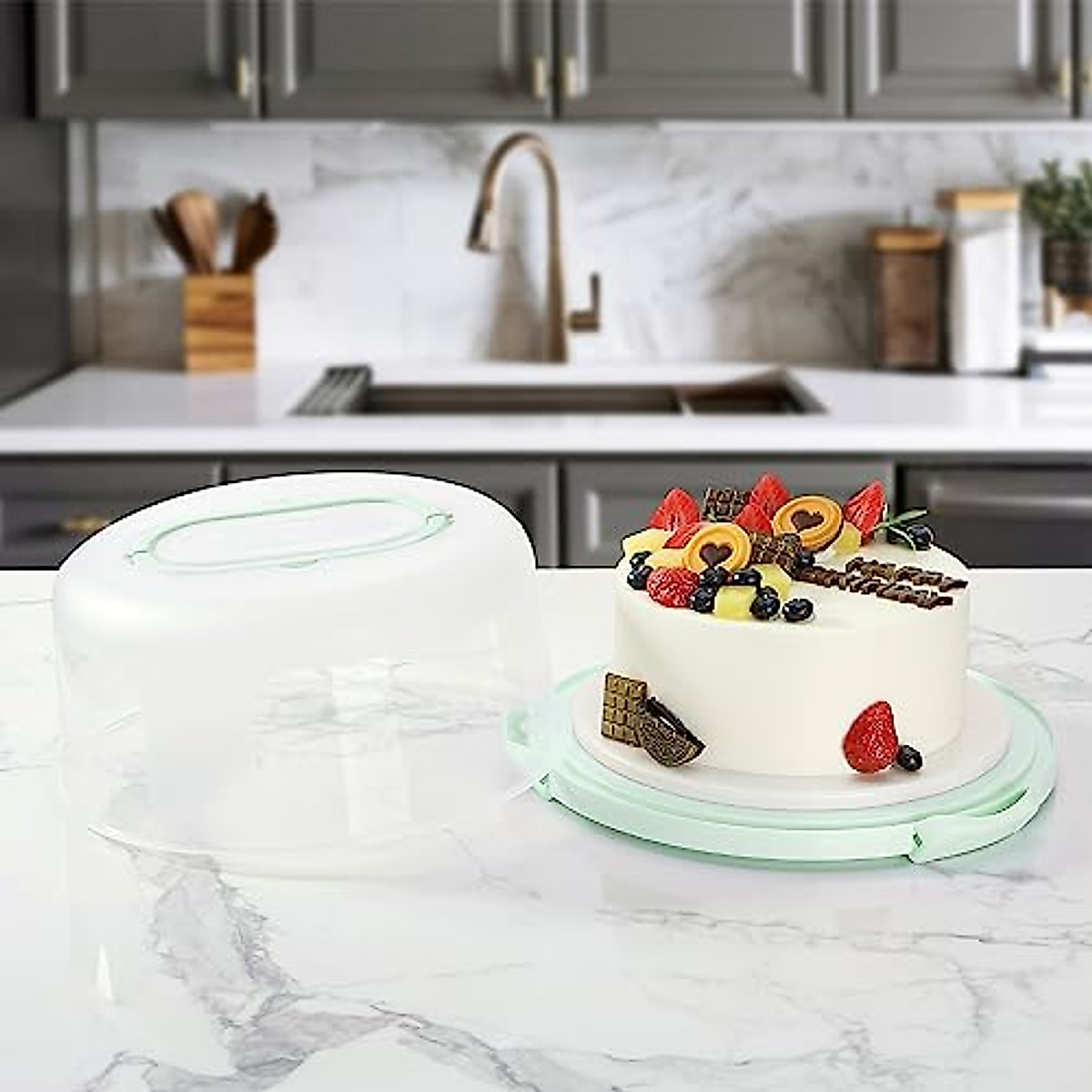 DZ CLAN Cake Carrier, Cake Container Plastic Cover Lid, Cake Carrier with Lid and Handle, Set of 2(10+8inch)