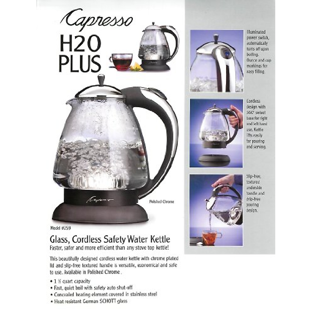 Capresso 259 Water Kettle, 10" x 8.25" x 6.25", Polished Chrome