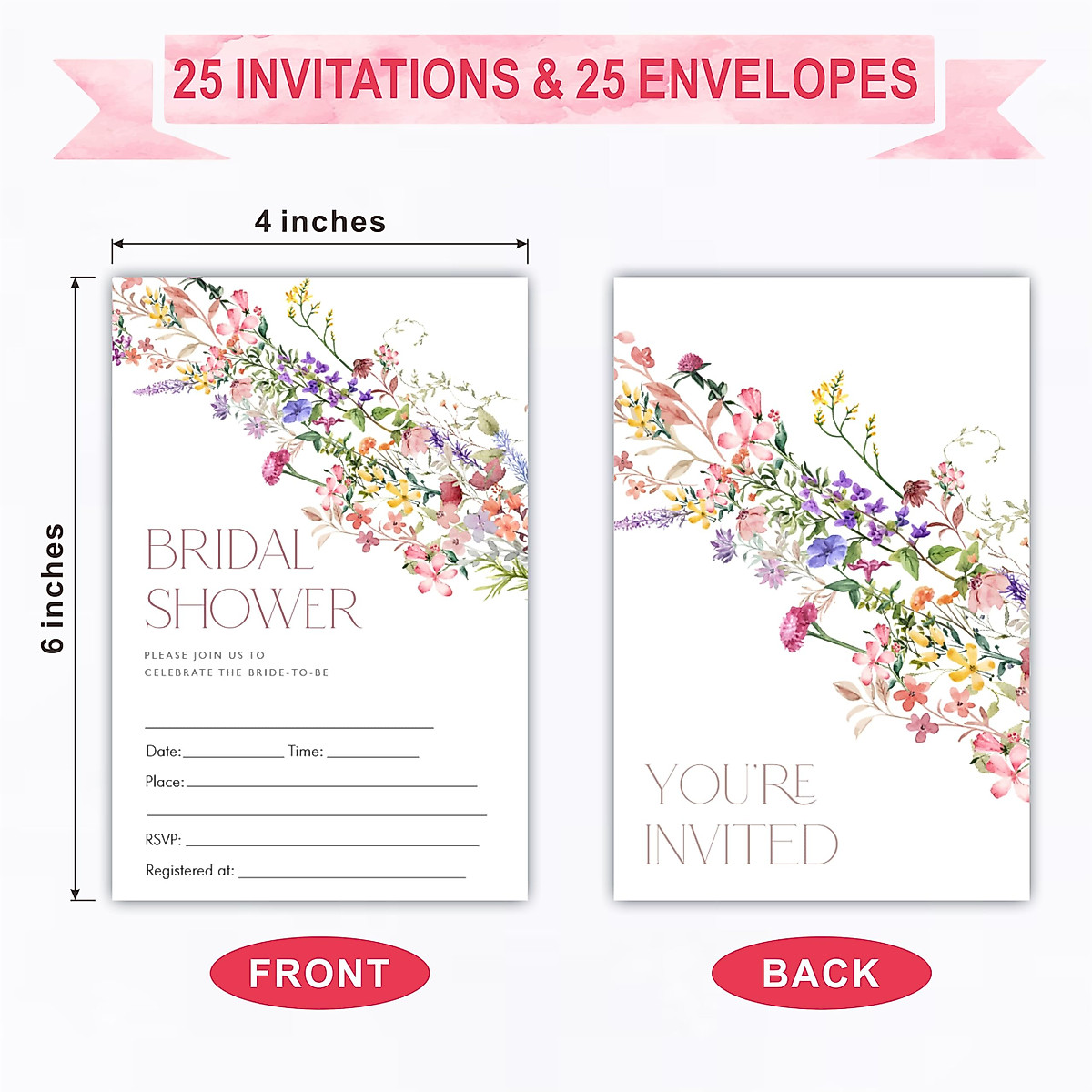 DYIRBIIY Floral Bridal Shower Invitations, 25 Spring Wild Flower Fill In Style Invitations With Envelopes For New Couples, Mr And Mrs, Newlyweds Invites, Party Favor & Decorations