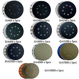 50pcs Sandpaper 8 Hole 5 inch Sanding Discs Hook and Loop 60/180/240/400/800/1200/2500/4000/7000/10000 Grits with Hand Sander for Automotive Metal Polishin