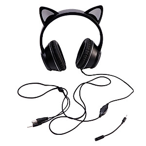 QOONESTL Gaming Headset Foldable Cat Ear Headphone with RGB LED Light, Stereo Sound Headphones with Microphone, USB 3.5mm Wired Over-Ear Gaming Headsets for Kids and Adult