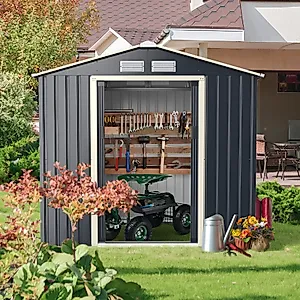 Goplus Outdoor Storage Shed, 7' X 4' Metal Garden Shed with 4 Vents & Double Sliding Door, Utility Tool Shed Storage House for Backyard, Patio, Lawn