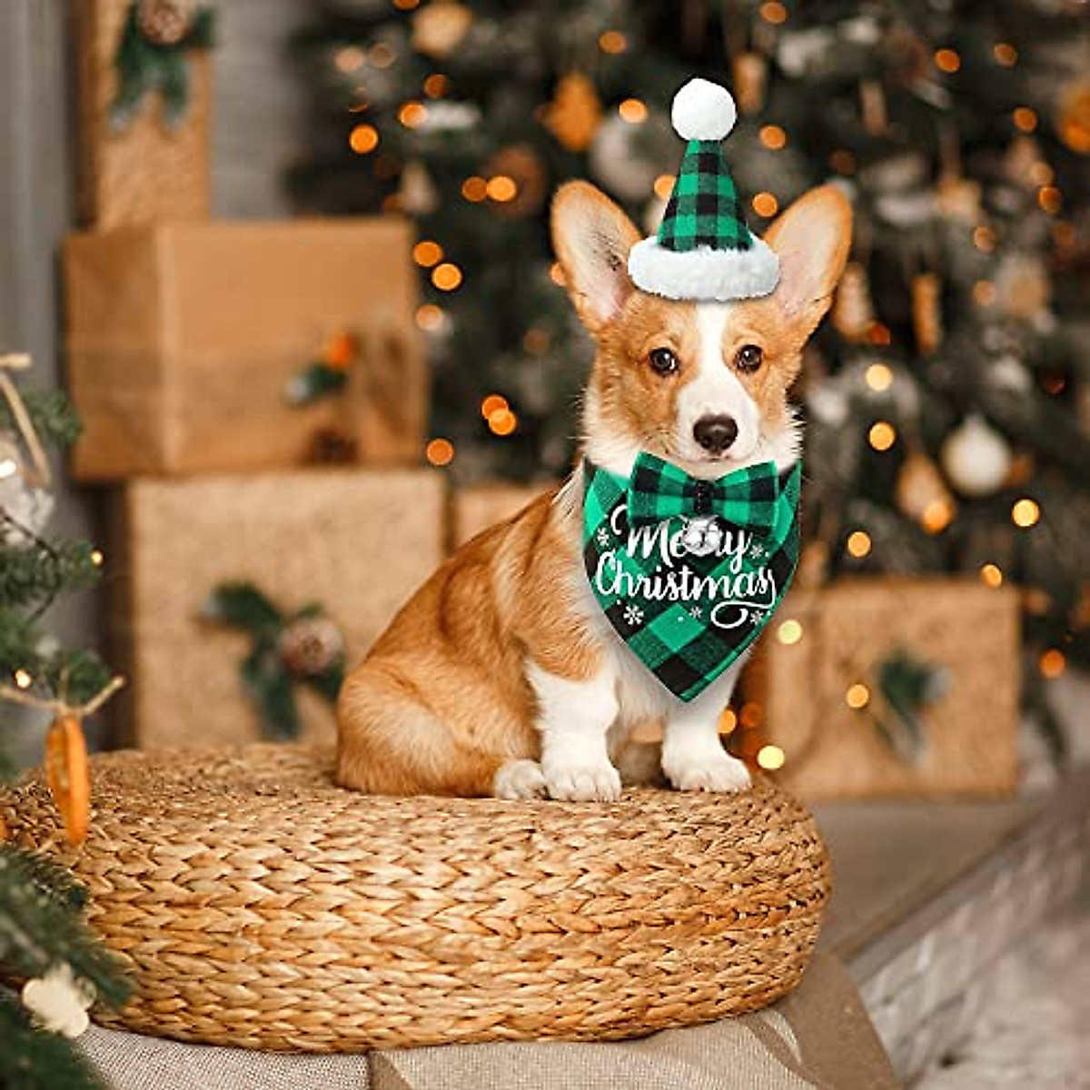 DULEFUN 3pcs Christmas Dog Costumes Outfit, Classic Buffalo Plaid Christmas Dog Clothes Xmas Dog Bandana Hat Bowtie Scarf Kerchief Triangle Bib Accessories for Small Medium Dogs Pets