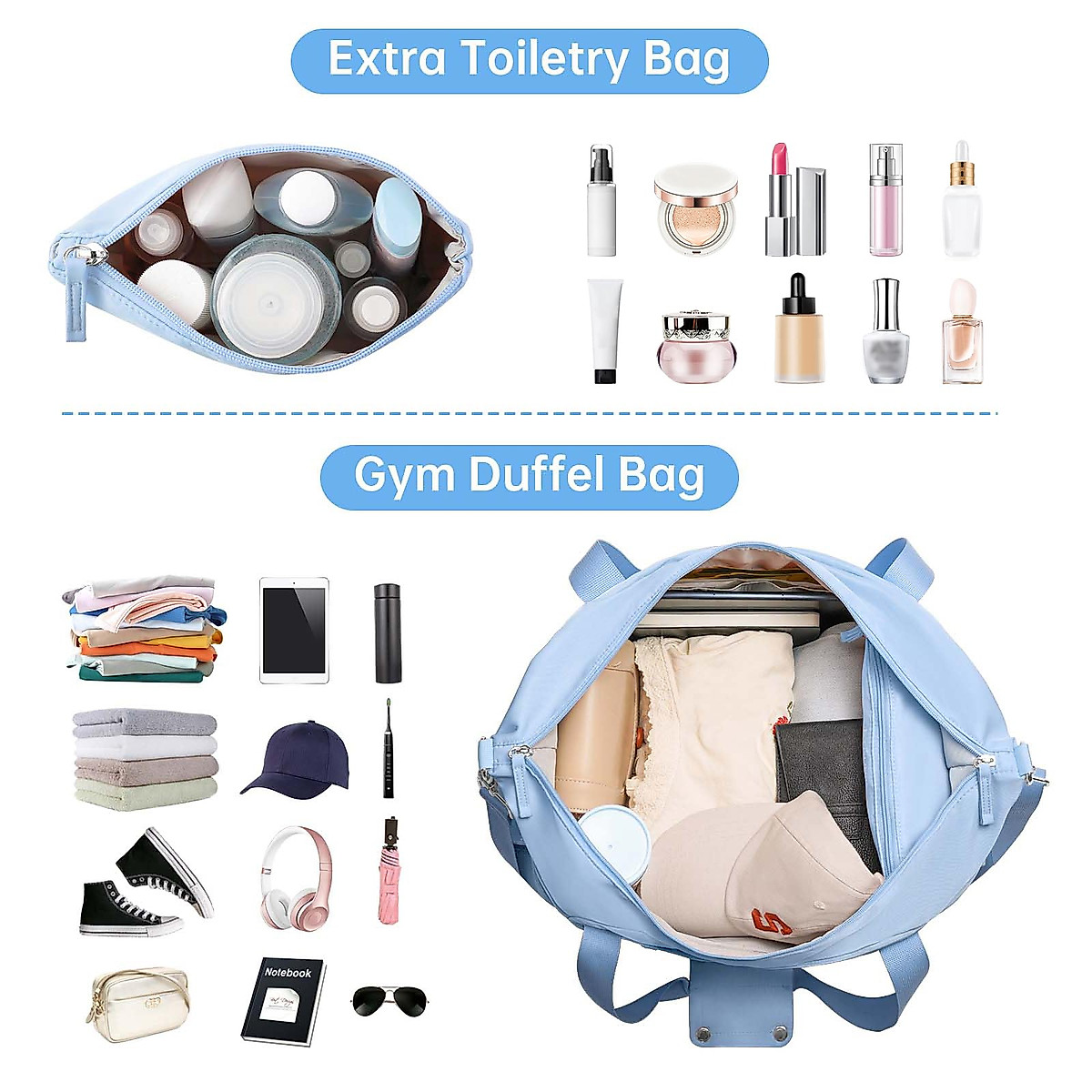 ETRONIK Gym Bag for Women, Personal Item Travel Bag with Shoes Compartment, Weekender Overnight Duffel Bag with Wet Pocket & USB Charging Port, Carry On Bag for Women, Travel, Gym, Weekend (Blue)