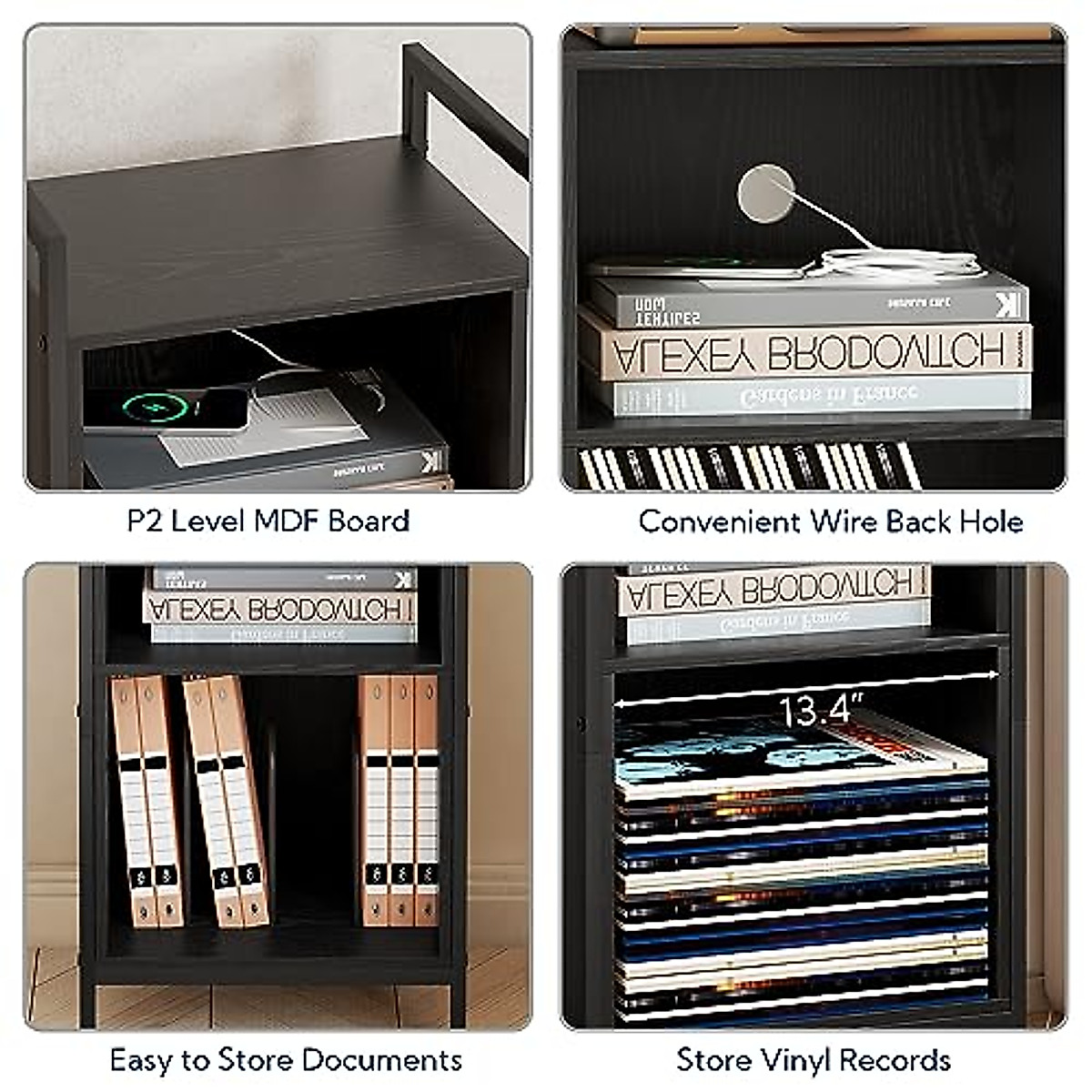 Yusong 3 Tier End Table, Tall Side Table With Storage Cabinets, Bedside Table Nightstand Small Bookcase for Small Space in Living Room, Bedroom, Office, Oak Black