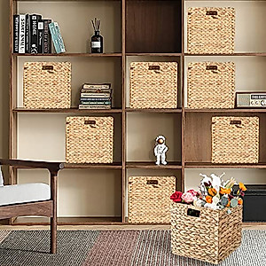 VK Living Foldable Handwoven Water Hyacinth Storage Baskets Wicker Cube Baskets Rectangular Laundry Organizer Totes for Bedroom, Living Room,Nursery Room, Shelves, Pantry 4 Pack 11.8x11.8x11.8inch