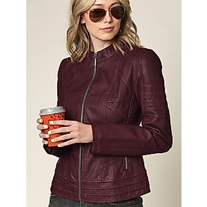 Lock and Love LL WJC746 Womens Vegan Faux Leather Motorcycle Jacket L Wine