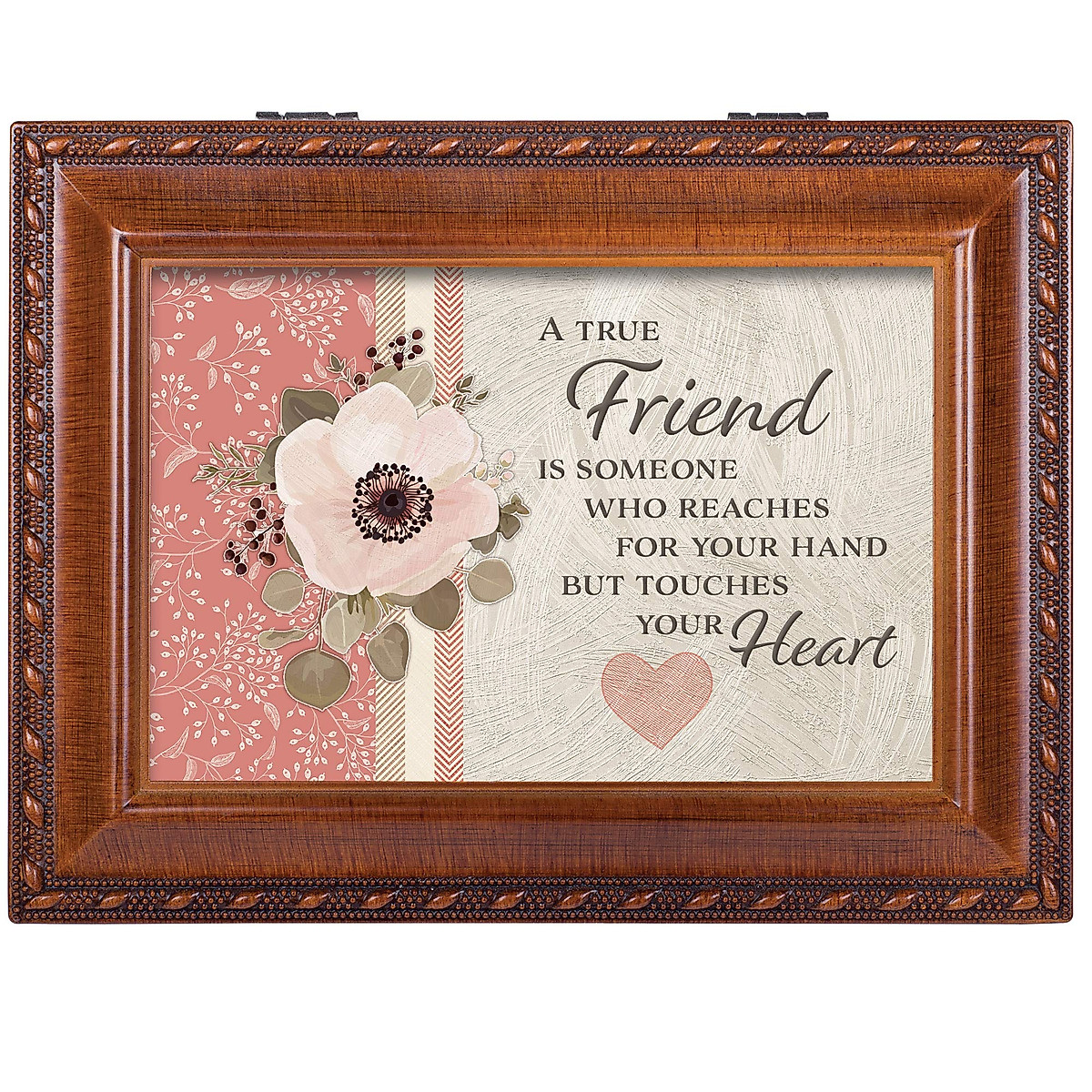 Cottage Garden A True Friend Woodgrain Rope Trim Jewelry Music Box Plays Tune Friend in Jesus
