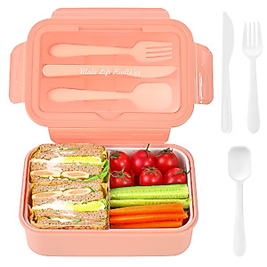 Supplim Bento Box for Adults and Kids - 1400ML Bento Lunch Box With Spoon & Knife & Fork,Leakproof 3 Compartment Lunch Food Storage Containers for Men Women