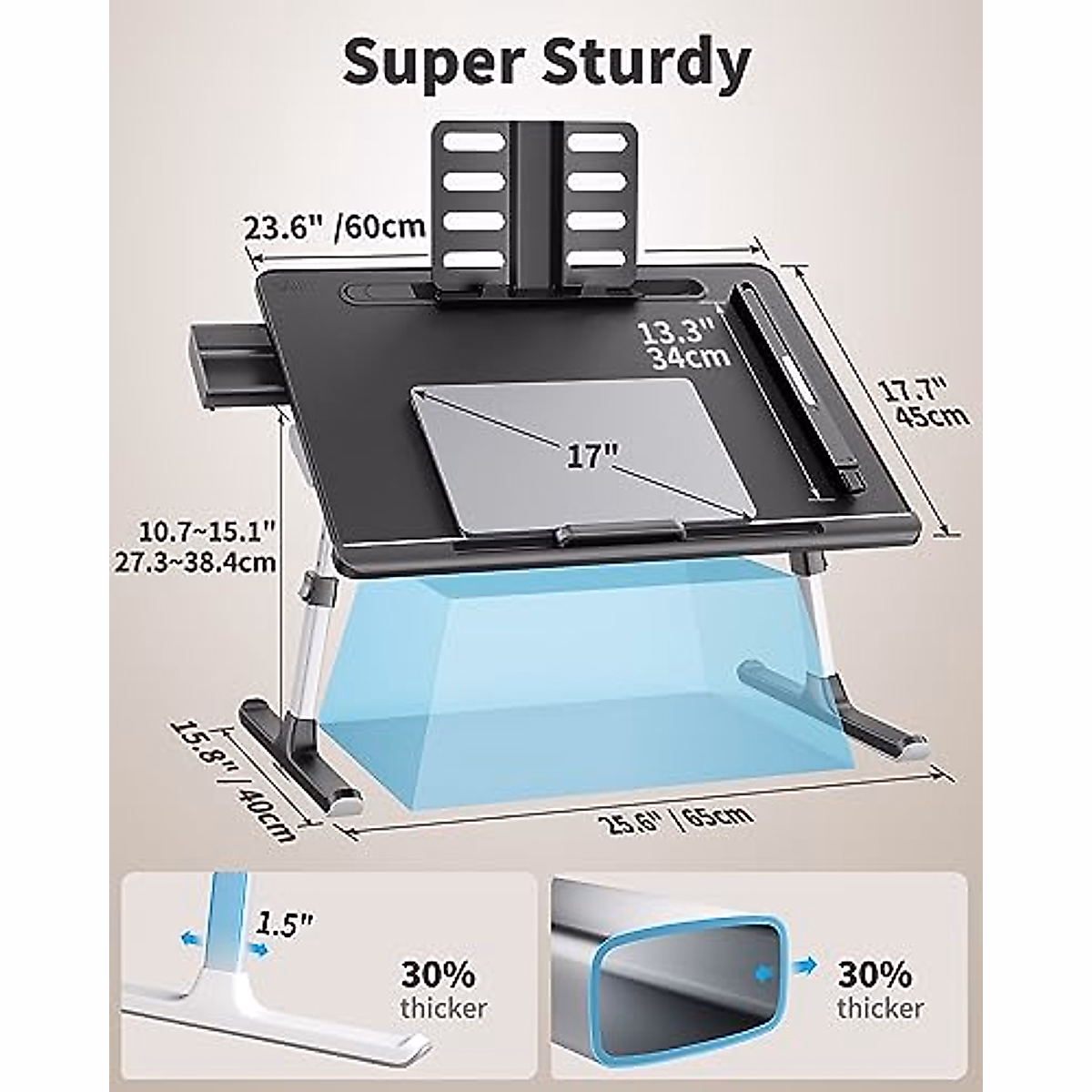 Laptop Bed Tray Desk with LED Desk Light, SAIJI Adjustable Laptop Stand for Bed, XX-Large PVC Leather Foldable Laptop Table with Book Stand, School Supplies for High School College Students (Black)