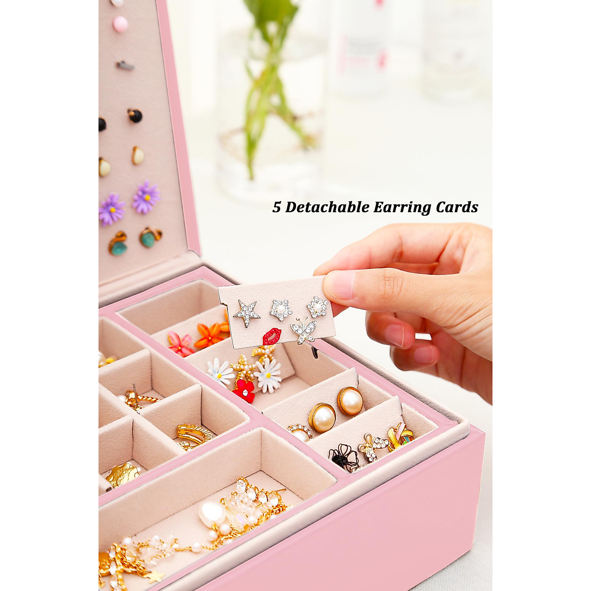 QBestry Jewelry Box for Earrings for Girls Jewelry Organizer Box Earring Holder Organizer for Girls Earring Box Jewelry Box Stud Earring Organizer for Girls Earring Jewelry Boxes for Women Pink Bling