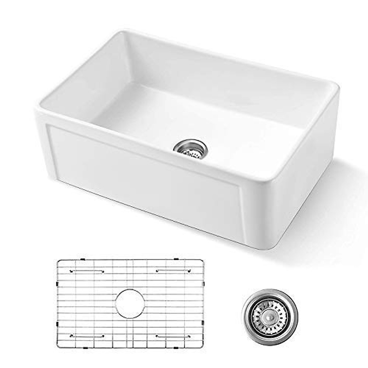 CELAENO 30 inch White Farmhouse Sink, Fireclay Porcelain Single Bowl Apron-Front Kitchen Sink, Reversible Ceramic Farm Sink with Strainer & Protective Bottom Grid