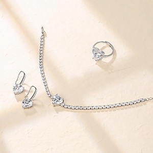 Crysdue Silver Heart Jewelry Set, Cubic Zirconia Dangle Earrings Open Ring Tennis Bracelet Birthday Anniversary Mothers Day Christmas Jewellery Gift for Women/Mom/Wife/Friend