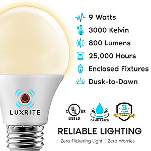 LUXRITE A19 LED Dusk to Dawn Light Bulbs Outdoor Lighting, 60 Watt Equivalent, Enclosed Fixture Rated, Automatic On Off Sensor, 3000K Soft White, 800 Lumens, Damp Rated, E26 Base (2 Pack)