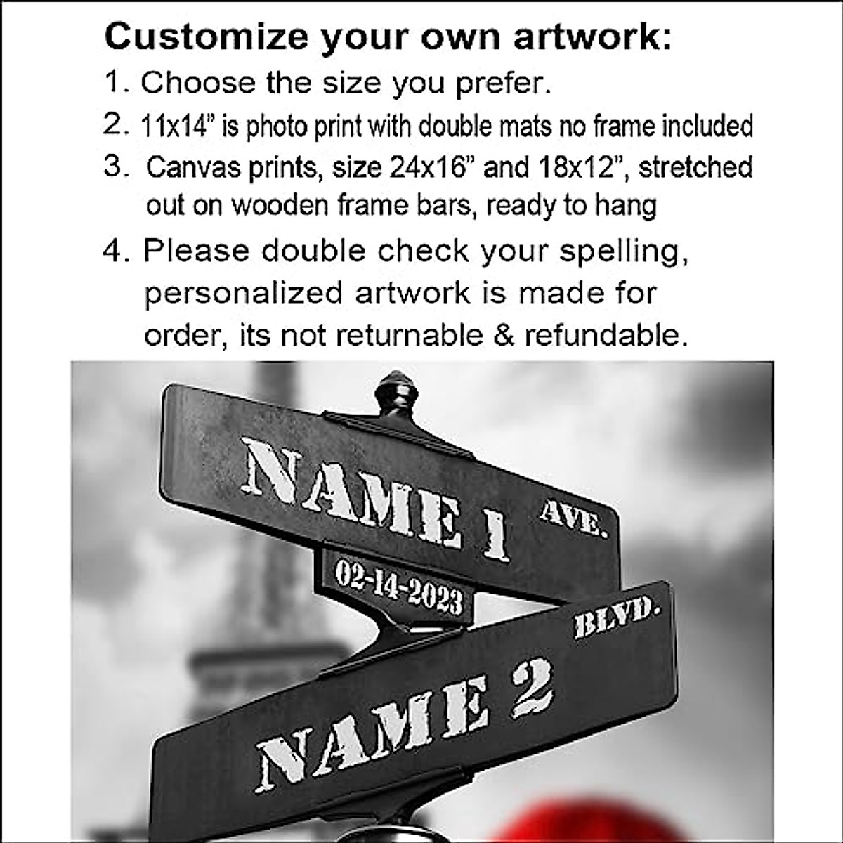 Lovers path-crossing sign - Personalized artwork with Couple's Names. Gift for wedding Anniversary, housewarming, Valentine's Day. Paris wall art.