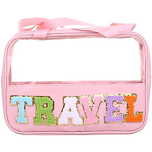 CRUOXIBB Chenille Letter Patch Clear PVC And PU leather Large Travel Makeup Toiletry Storage Bag Waterproof Makeup Tote Bag for Women (Travel-Pink)