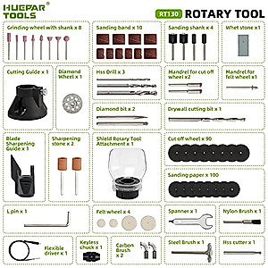 Huepar Tools Rotary Tool Kit, 130W 235pcs Accessories with Flex Shaft include MultiPro Keyless Chuck, 6 Variable Speed 10000-35000RPM Electric Drill Set for Crafting Projects and DIY Creations - RT130