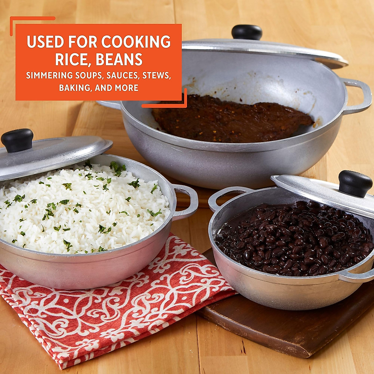 IMUSA USA Traditional Colombian Natural Caldero Matching Aluminum Lid 3-Piece (3.5/7.0/11.0 Quart) Dutch Oven Set, Silver (GAU-89224DS), Large