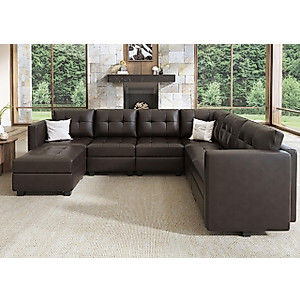 HONBAY Modular Sectional Couch with Storage Faux Leather Convertible Modular sectional Sofa u Shaped Couch with Ottomans and Chaises Faux Leather 7-Seater Sectional Sofa for Living Room, Brown