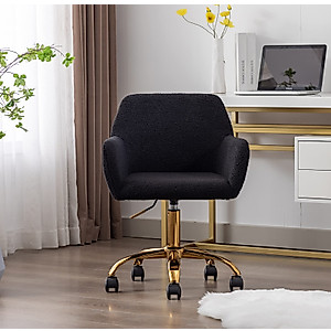 Modern Faux Fur Home Office Chair, Upholstered Swivel Chair Makeup Vanity Chair for Teen Girls Swivel Desk Chair with Gold Base, Height Adjustable Leisure Elegant Office Chair, Black