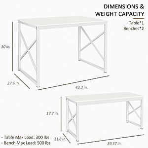 VECELO Kitchen Table with 2 Benches for 4, 43.3'' Wood Dining Room Dinette Sets with Metal Frame for Breakfast Nook and Small Space, White