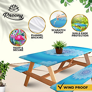 RNOONY 6ft Polyester Picnic Table Cover with Bench Covers and Carrying Bag, Elastic All Around,Windproof and Waterproof Picnic Table Covers with Elastic for Camping RV Gear 72x30 Inches 4Pcs