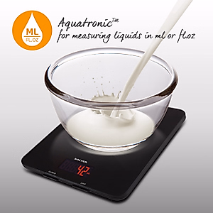 Salter Digital Platform Seen on TV, Stylish Glass Design, Electronic Cooking Scale for Home + Kitchen, Weigh Food 5kg + Liquids in ml and fl. Oz, 5 kg Capacity, Black