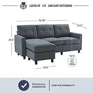 BELLEZE 3 Piece Convertible Sectional Sofa, Upholstered Fabric L Shaped Couch with Modular Chaise Lounge for Dorm Rooms, Apartments, Small Spaces - Altera (Dark Gray)