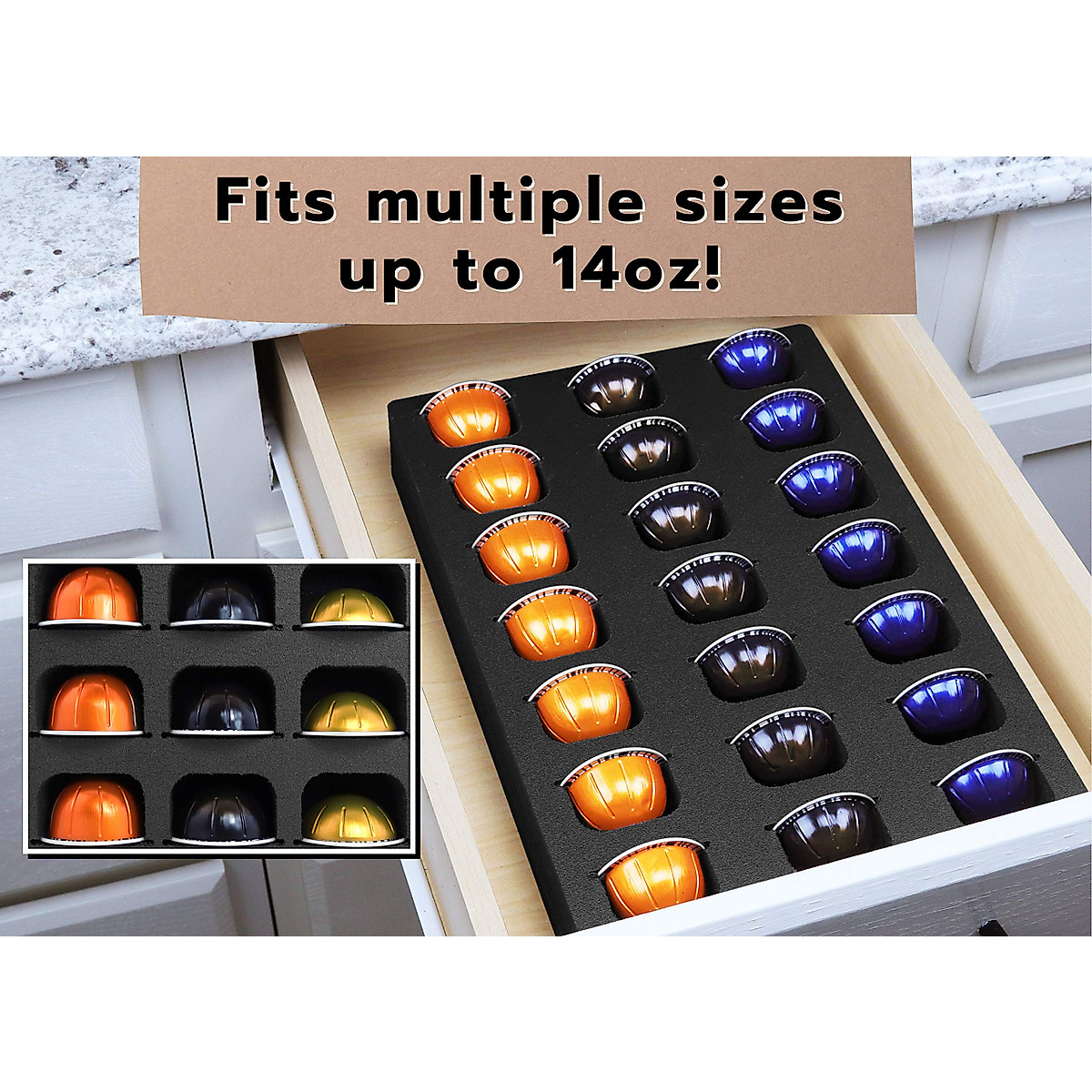 Polar Whale 2 Coffee Espresso Capsule Drawer Organizer Tray Inserts Compatible with Nespresso Vertuo VertuoLine Kitchen Home Office Waterproof Washable Black Foam 21 Compartment 10.9 x 14.9 Inches