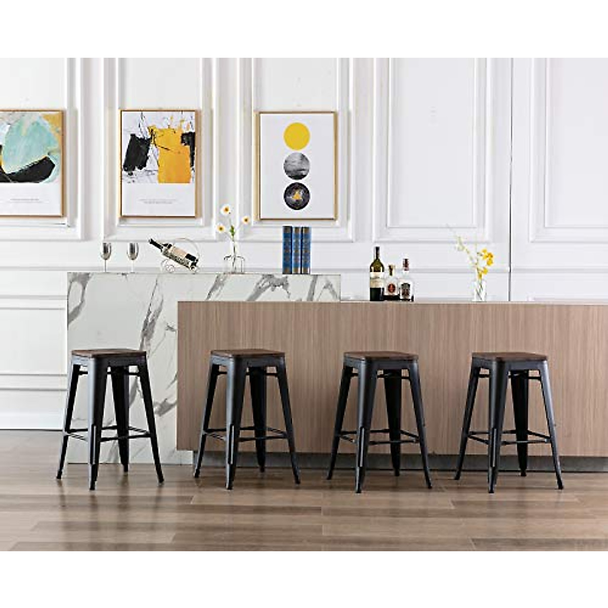 Kmax Industrial Metal Bar Stools Set - Counter Height Bar Stools Chairs Wood Seat Without Backrest Indoor Outdoor, 26", Set of 4, Black