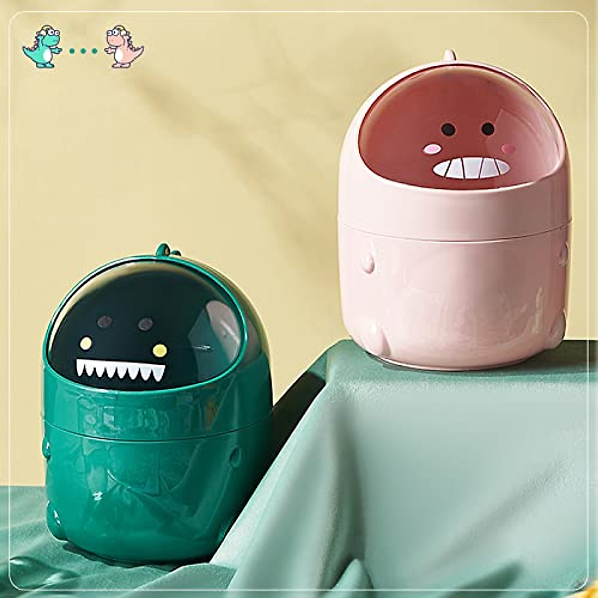 0.63 Gal Mini Desktop Trash Can with Lid, Cute Little Dinosaur Countertop Garbage Bin, Plastic Tiny Tabletop Wastebasket for Office/Kitchen/Coffee Table Room Decoration - Green