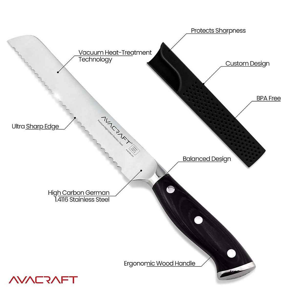 AVACRAFT Bread Knife, High Carbon German 1.4116 Stainless Steel Serrated Knife, Cake Knife, Cake Slicer, Ergonomic Wood Handle, Razor Sharp, 8 inch with Custom Storage Cover