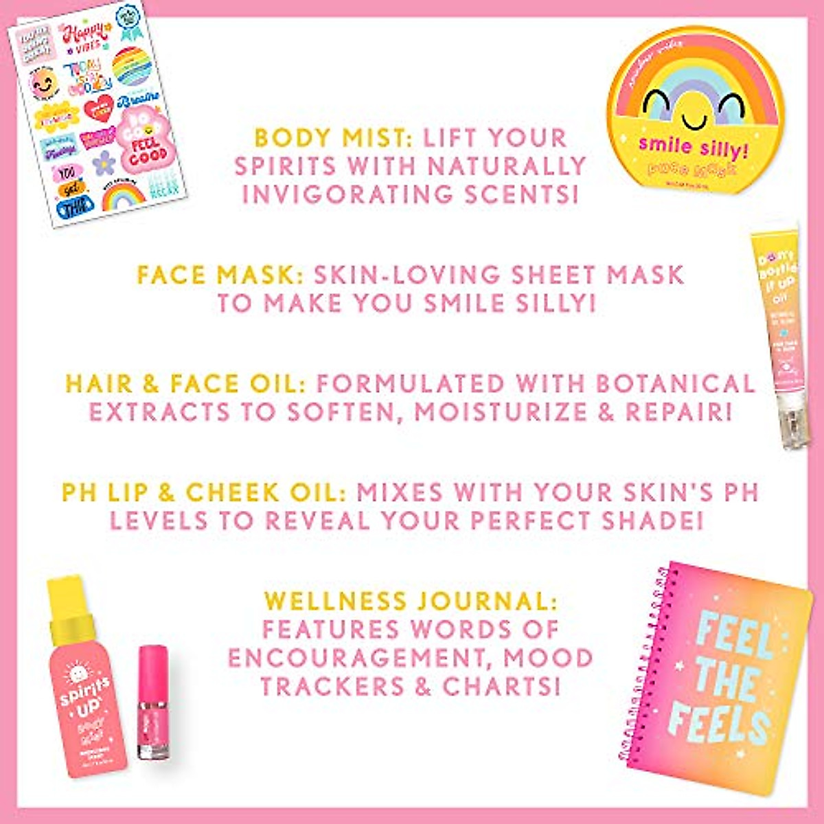 Just My Style MoodJoy Happi Birdi Happiness Beauty Set by Horizon Group USA, Mood-Boosting Wellness Kit, Self-Care Kit, Mindfulness Journal, Facial Sheet Mask, Body Mist Spray, Clean Beauty Products
