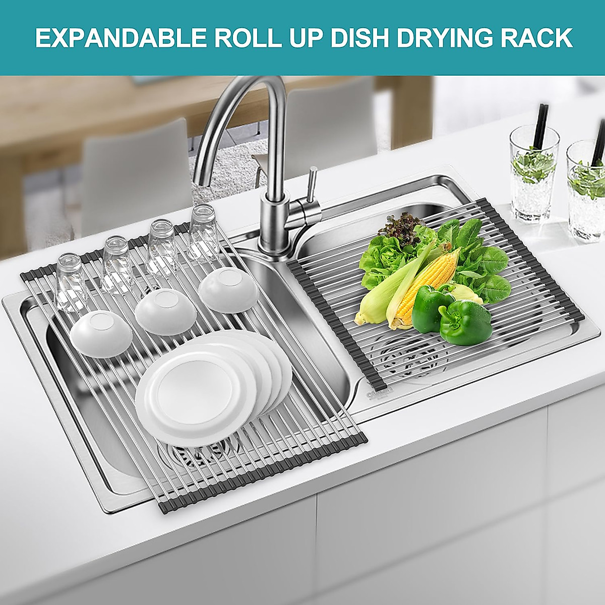 BBXTYLY Extra Large Expandable Roll Up Dish Drying Rack,Over The Sink Drying Rack Sink Cover Kitchen Sink Accessories Kitchen Rolling up Stainless Steel Drainer, Foldable,Rollable（Black，25.1''-17.3''）