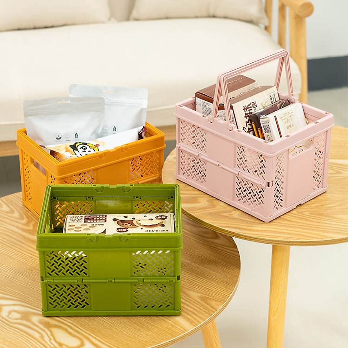 [2-Pack] Plastic Baskets for Shelf Storage Organizing, Durable and Reliable Portable Folding Storage Crate, Ideal for Home Kitchen Classroom and Office Organization, Bathroom Storage-Pink
