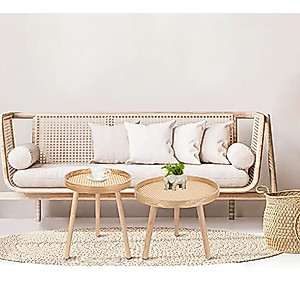 Round Coffee Table Set of 2, Natural Boho Coffee Table, Small Mid Century Modern Rattan Coffee Table, Boho Side Table End Tables for Living Room Bedroom Office Balcony