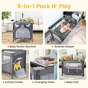 INFANS Pack and Play, Baby Bedside Sleeper with Bassinet, Diaper Changer, Mattress, Carry Bag, Music Box Hanging Toys, Foldable Bedside Crib, Portable Playard for Newborn Toddlers (5 in 1, Classic)