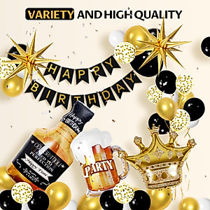 107pcs Black Gold Birthday Party Decorations with Happy Birthday Banner Foil Balloons for 16th 18th 21st 22th 32th 40th 50th 60th Birthday Decorations for Men
