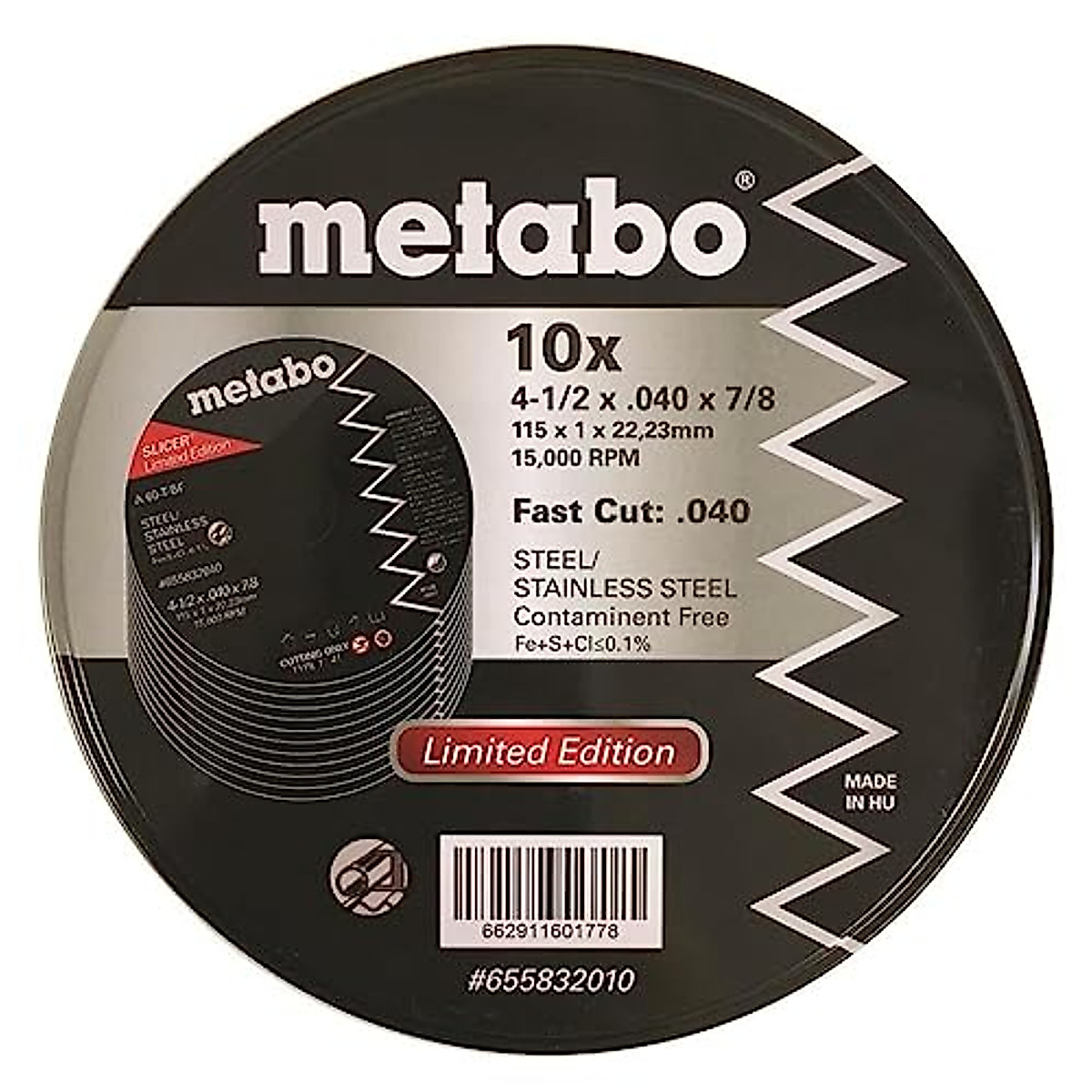 Metabo - Application: Steel/Stainless Steel - Slicer Wheel Promo Tin, 4.5"X.040x7/8 A60T, Pk 10 (655832010), Type 1 "Slicer" Wheels