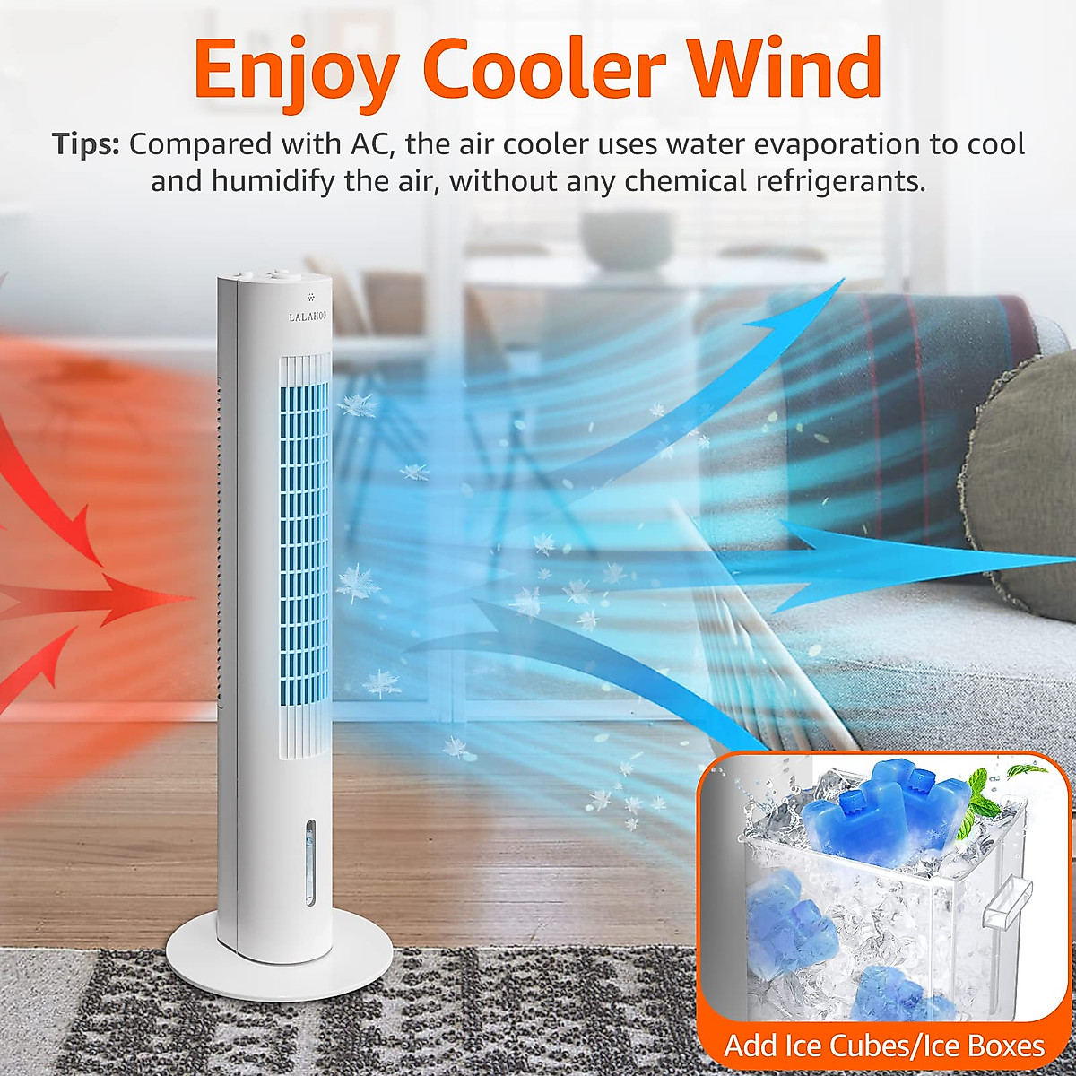 Evaporative Air Cooler Portable, 35” Cooling Fan with 60° Oscillating, Removable Water Tank, Ice Packs, 3 Speeds, Personal Swamp Cooler, no Remote Control.