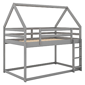 Wooden House Bunk Bed, Twin Over Twin House Bunk Bed with Ladder, Girls Boys House Bunk Bed Frame, Floor Twin Toddler Bunk Bed Twin Size for Kids, Teens, Grey