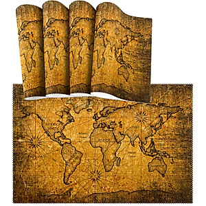 Distressed Vintage World Map with Texture Heat-Resistant Table Placemats Set of 4 Anti-Skid Table Mats Washable Eat Mat Home Dinner Decorative