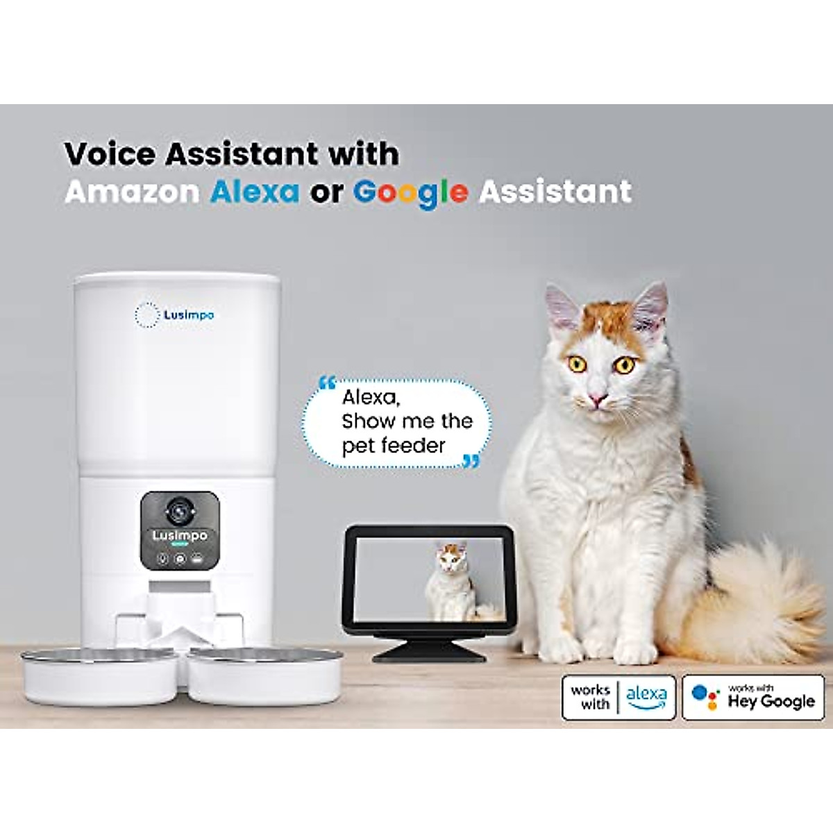 LUSIMPO Automatic Dual Pet Feeder with 1080P HD Camera for 2 Dogs/Cats, Double Bowls, Dog/Cat Feeder with Camera, Free App Control, Scheduled Feeding, Auto Night Vision, Extra Large Food Capacity 7L