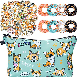 8 Pcs Corgi Dog Hair Scrunchies 1 Corgi Makeup Bag and 50 Pcs Welsh Corgi Pembroke Stickers,Cotton Corgi Scrunchy Corgi Print Travel Makeup Pouch Pencil Case Presents for Women Girls